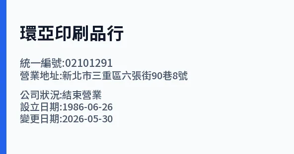 環亞印刷品行的照片-統編 02101291(新北市) 公司登記資料與營業項目詳細圖表