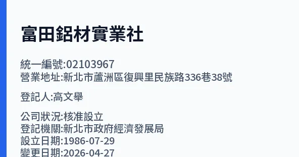 富田鋁材實業社的照片-統編 02103967(新北市) 公司登記資料與營業項目詳細圖表