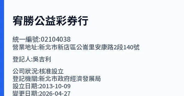宥勝公益彩券行的照片-統編 02104038(新北市) 公司登記資料與營業項目詳細圖表