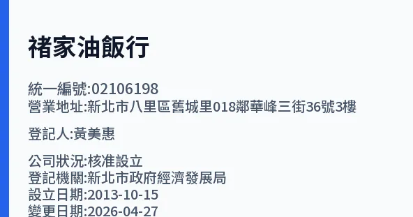 禇家油飯行的照片-統編 02106198(新北市) 公司登記資料與營業項目詳細圖表