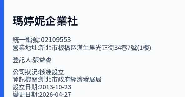 瑪婷妮企業社的照片-統編 02109553(新北市) 公司登記資料與營業項目詳細圖表