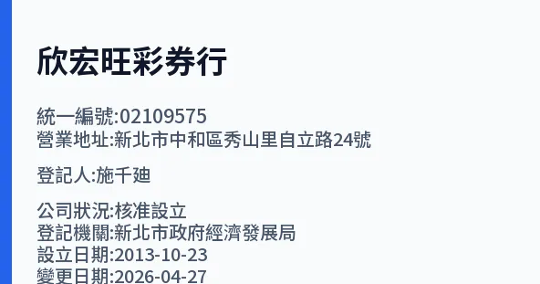 欣宏旺彩券行的照片-統編 02109575(新北市) 公司登記資料與營業項目詳細圖表