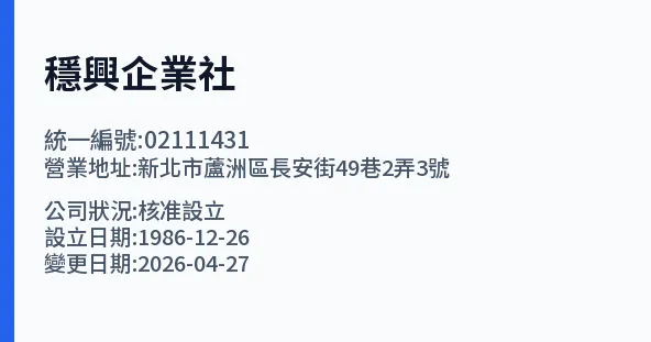 穩興企業社的照片-統編 02111431(新北市) 公司登記資料與營業項目詳細圖表
