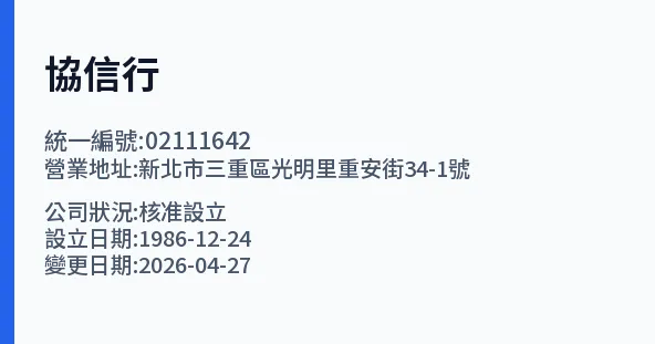 協信行的照片-統編 02111642(新北市) 公司登記資料與營業項目詳細圖表