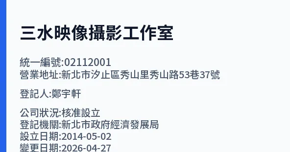三水映像攝影工作室的照片-統編 02112001(新北市) 公司登記資料與營業項目詳細圖表