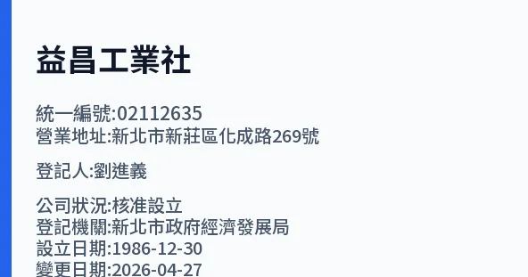 益昌工業社的照片-統編 02112635(新北市) 公司登記資料與營業項目詳細圖表