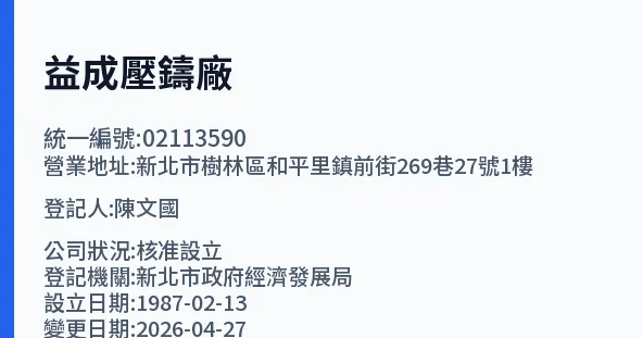 益成壓鑄廠的照片-統編 02113590(新北市) 公司登記資料與營業項目詳細圖表
