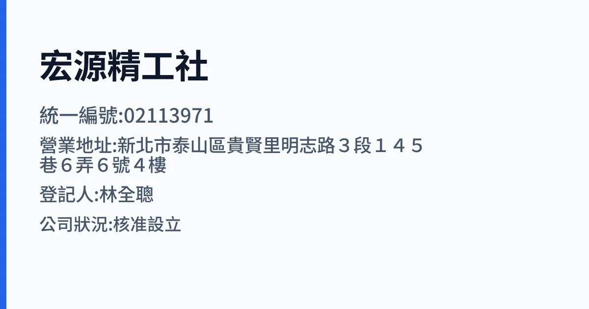 宏源精工社 - 統編 02113971(新北市) 公司登記資料與營業項目詳細圖表
