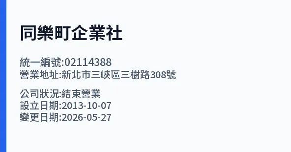 同樂町企業社的照片-統編 02114388(新北市) 公司登記資料與營業項目詳細圖表