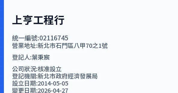 上亨工程行的照片-統編 02116745(新北市) 公司登記資料與營業項目詳細圖表