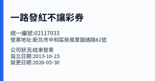 一路發紅不讓彩券的照片-統編 02117033(新北市) 公司登記資料與營業項目詳細圖表