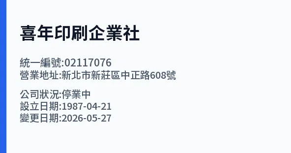喜年印刷企業社的照片-統編 02117076(新北市) 公司登記資料與營業項目詳細圖表