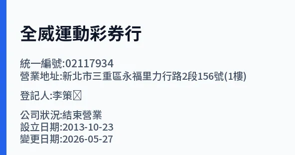 全威運動彩券行的照片-統編 02117934(新北市) 公司登記資料與營業項目詳細圖表