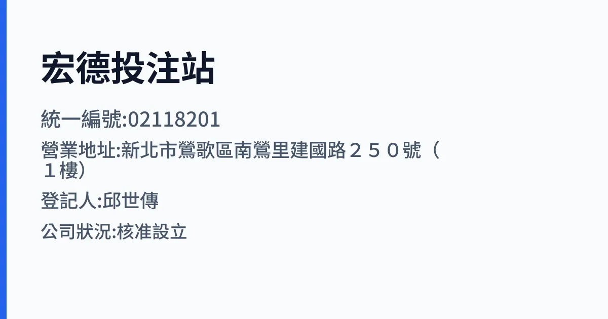 宏德投注站 - 統編 02118201(新北市) 公司登記資料與營業項目詳細圖表