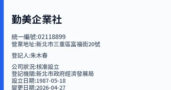 勤美企業社的照片-統編 02118899(新北市) 公司登記資料與營業項目詳細圖表