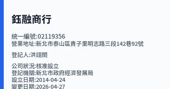 鈺融商行的照片-統編 02119356(新北市) 公司登記資料與營業項目詳細圖表