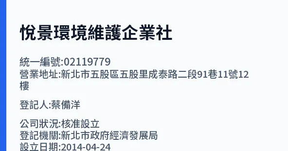 悅景環境維護企業社的照片-統編 02119779(新北市) 公司登記資料與營業項目詳細圖表