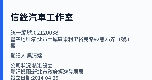信鋒汽車工作室的照片-統編 02120038(新北市) 公司登記資料與營業項目詳細圖表