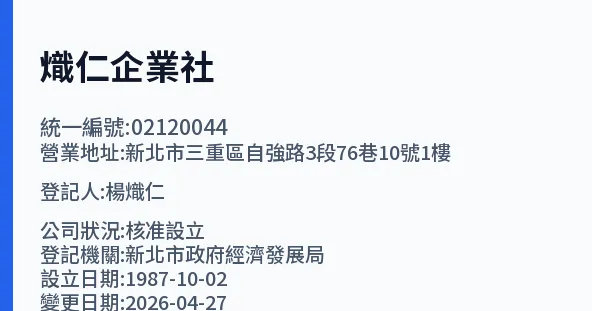 熾仁企業社的照片-統編 02120044(新北市) 公司登記資料與營業項目詳細圖表