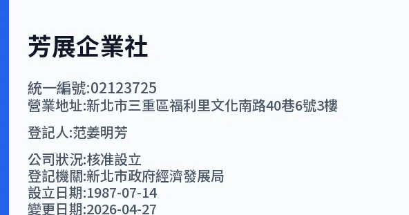 芳展企業社的照片-統編 02123725(新北市) 公司登記資料與營業項目詳細圖表