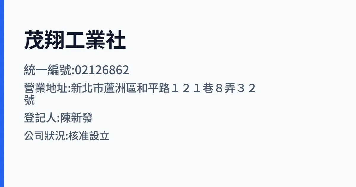 茂翔工業社 - 統編 02126862(新北市) 公司登記資料與營業項目詳細圖表
