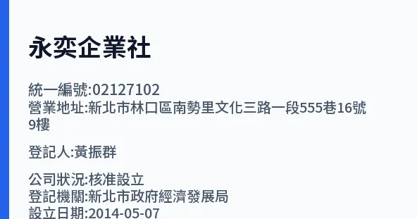 永奕企業社的照片-統編 02127102(新北市) 公司登記資料與營業項目詳細圖表