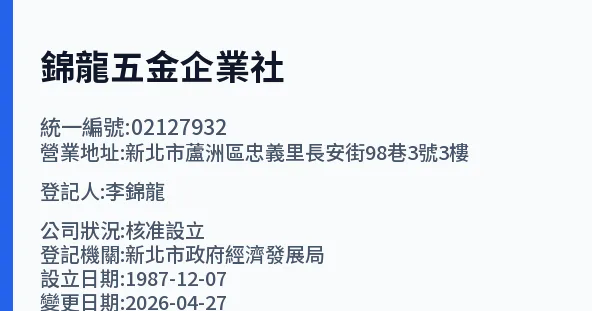 錦龍五金企業社的照片-統編 02127932(新北市) 公司登記資料與營業項目詳細圖表