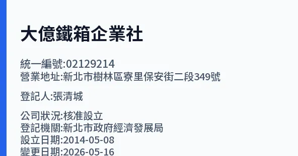 大億鐵箱企業社的照片-統編 02129214(新北市) 公司登記資料與營業項目詳細圖表