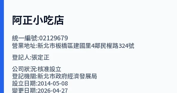 阿正小吃店的照片-統編 02129679(新北市) 公司登記資料與營業項目詳細圖表