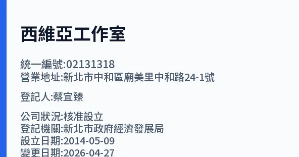 西維亞工作室的照片-統編 02131318(新北市) 公司登記資料與營業項目詳細圖表