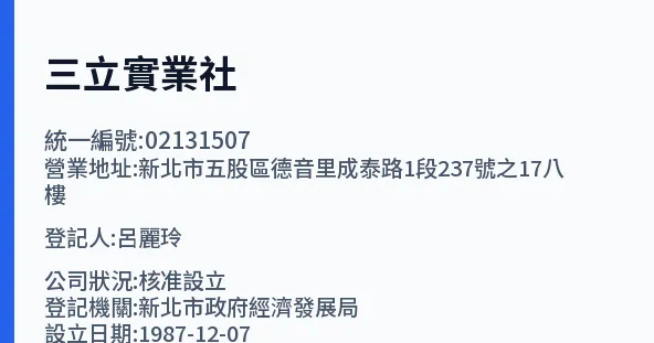 三立實業社的照片-統編 02131507(新北市) 公司登記資料與營業項目詳細圖表