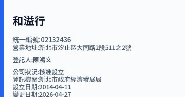 和溢行的照片-統編 02132436(新北市) 公司登記資料與營業項目詳細圖表