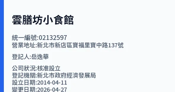 雲膳坊小食館的照片-統編 02132597(新北市) 公司登記資料與營業項目詳細圖表