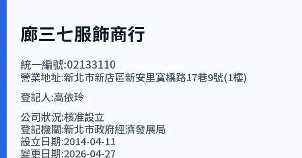 廊三七服飾商行的照片-統編 02133110(新北市) 公司登記資料與營業項目詳細圖表