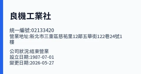 良機工業社的照片-統編 02133420(新北市) 公司登記資料與營業項目詳細圖表