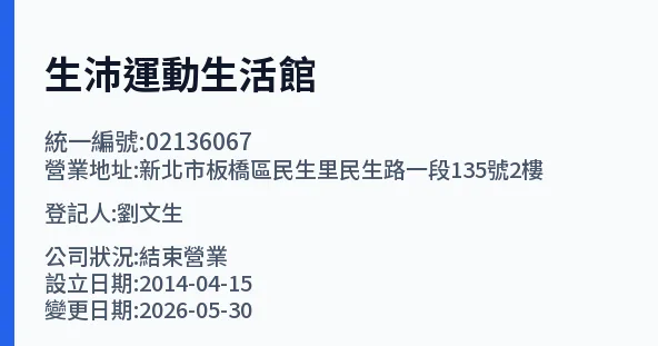 生沛運動生活館的照片-統編 02136067(新北市) 公司登記資料與營業項目詳細圖表