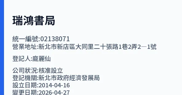 瑞鴻書局的照片-統編 02138071(新北市) 公司登記資料與營業項目詳細圖表