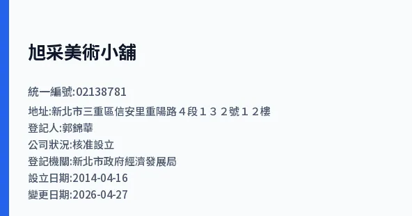旭采美術小舖的照片-統編 02138781(新北市) 公司登記資料與營業項目詳細圖表