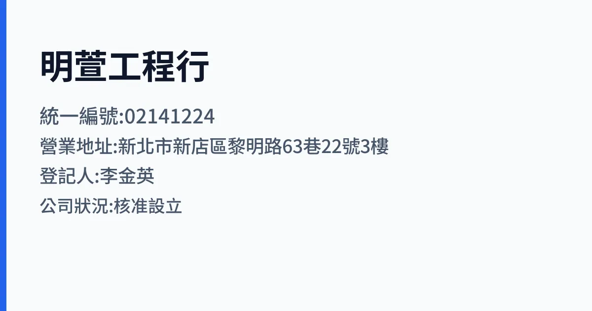 明萱工程行 - 統編 02141224(新北市) 公司登記資料與營業項目詳細圖表
