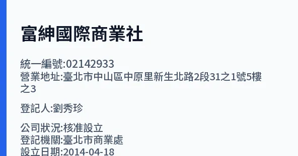 富紳國際商業社的照片-統編 02142933(臺北市) 公司登記資料與營業項目詳細圖表