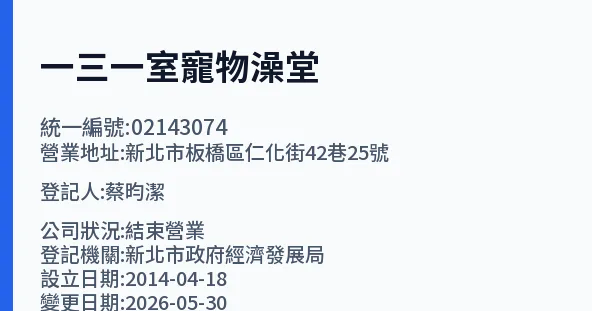 一三一室寵物澡堂的照片-統編 02143074(新北市) 公司登記資料與營業項目詳細圖表