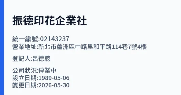 振德印花企業社的照片-統編 02143237(新北市) 公司登記資料與營業項目詳細圖表