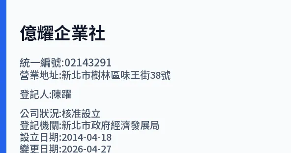 億耀企業社的照片-統編 02143291(新北市) 公司登記資料與營業項目詳細圖表