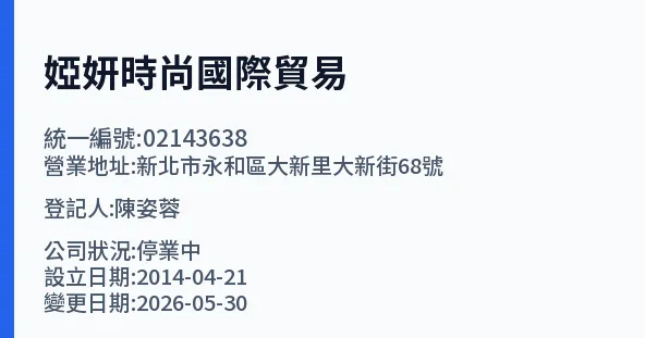 婭妍時尚國際貿易的照片-統編 02143638(新北市) 公司登記資料與營業項目詳細圖表