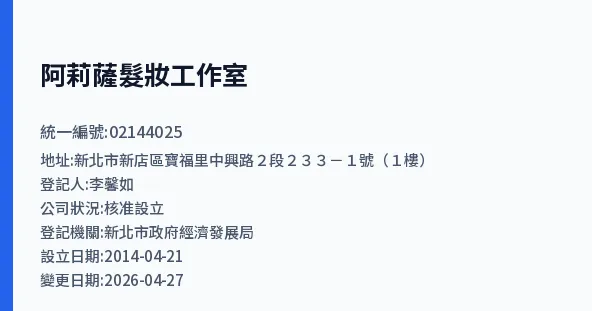 阿莉薩髮妝工作室的照片-統編 02144025(新北市) 公司登記資料與營業項目詳細圖表