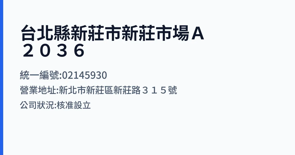 台北縣新莊市新莊市場Ａ２０３６ - 統編 02145930（新北市） 公司登記資料與營業項目詳細圖表