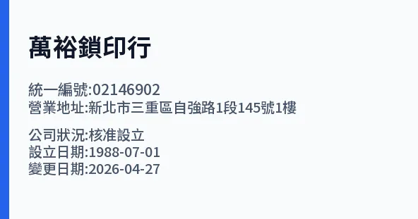 萬裕鎖印行的照片-統編 02146902(新北市) 公司登記資料與營業項目詳細圖表