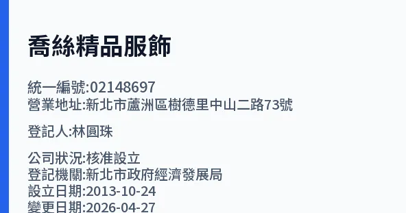 喬絲精品服飾的照片-統編 02148697(新北市) 公司登記資料與營業項目詳細圖表