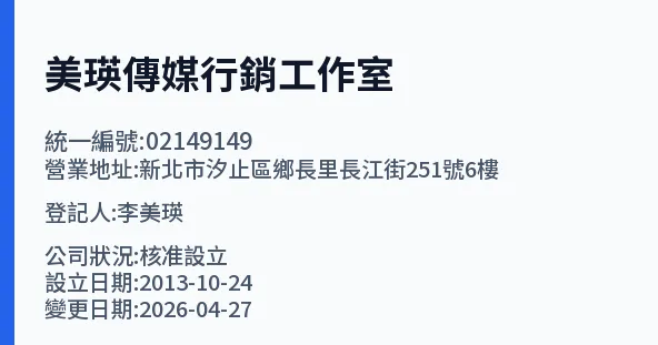 美瑛傳媒行銷工作室的照片-統編 02149149(新北市) 公司登記資料與營業項目詳細圖表