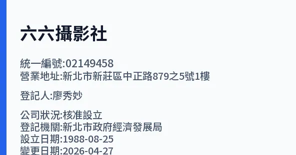 六六攝影社的照片-統編 02149458(新北市) 公司登記資料與營業項目詳細圖表